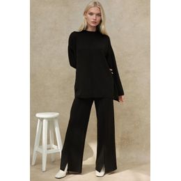 Langer Pullover & Hochtaillierte Weitbeinige Strick-Koordinations-Set