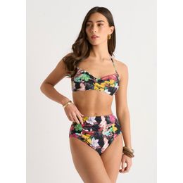 Bikini-H&ouml;schen mit gerafftem Einsatz und tropischem Blumenmuster