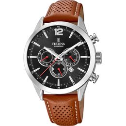 Chronograph Festina "Timeless Chronograph", braun (cognacfarben, schwarz), Armbanduhren, Herren, Chronograph, Armbanduhr, Quarzuhr, Herrenuhr, Stoppfunktion, Lederarmband