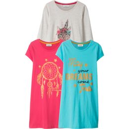Nachthemd bonprix, M&auml;dchen, Gr. 164/170, N-Gr, aqua, naturmeliert, hibiskuspink, Obermaterial: 100% Baumwolle, Kleider Nachthemd, Dreierpack mit verschiedenen Designs, fr&ouml;hliche Druckmotive