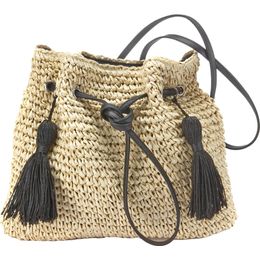 Umh&auml;ngetasche Lascana "Strandtasche, Schultertasche, Sommertasche, Damentasche", Damen, Gr. B/H/T: 36cm x 32cm x 1cm, beige (beige, schwarz), Papierstroh, kontrastfarbene Details, unifarben mit Farbeinsatz, Taschen Umh&auml;ngetasche, Handtasche Damen zum Umh&auml;ngen, mit modischen Bommeln VEGAN