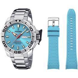 Taucheruhr Festina "The Originals/Diver", silber (silberfarben, hellblau), Armbanduhren, Herren, Armbanduhr, Quarzuhr, Herrenuhr, Geschenkidee, Edelstahlarmband