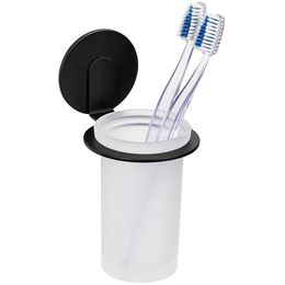 Zahnputzbecher Wenko "Turbo-Loc Modell Bivio", schwarz, B:8,5cm H:16,5cm L:10,5cm, Aluminium, Glas, Zahnputzbecher, mit Wandhalterung ohne Bohren, Aluminium, satiniertes Glas