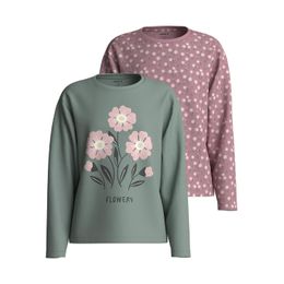 Langarmshirt name it "NKFVELDA 2P LS NREG TOP", M&auml;dchen, Gr. 122/128, lilas print:gr&uuml;n milieu, Jersey, Obermaterial: 100% Baumwolle, bedruckt, regular fit normal, Rundhals, Shirts Langarmshirt, Baumwolle, regular fit