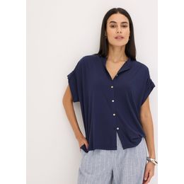 Blusenshirt bonprix, Damen, Gr. 40/42 (M), blau (dunkelblau), Obermaterial: 95% Viskose, 5% Elasthan, festlich, l&auml;ssig geschnitten, Shirts Blusenshirt, aus Viskose, l&auml;ssige Passform, Kurzarm, ohne Kragen, festlicher Stil