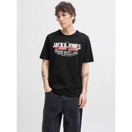 Jack & Jones Rundhalsshirt JACK & JONES "JJELOGO TEE SS O-NECK 2 COL AW25 SN", Jungen, Gr. M, schwarz, Jersey, Obermaterial: 100% Baumwolle, bedruckt, regular fit normal, Rundhals, Shirts Rundhalsshirt