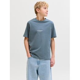 Jack & Jones T-Shirt JACK & JONES JUNIOR "JJESOHO TEE SS CREW NECK NOOS JNR", Jungen, Gr. 140, blau mirage, Single Jersey, Obermaterial: 100% Baumwolle, bedruckt, regular fit normal, Rundhals, Shirts T-Shirt
