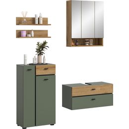 Badm&ouml;bel-Set Welltime "VANN, 5-teilige moderne Badkombination, individuell stellbar", gr&uuml;n (sage gr&uuml;n, evoke oak nachbildung, schwarz), B:141cm H:191cm T:35cm, Holzwerkstoff, Kastenm&ouml;bel-Sets, Badm&ouml;bel-Set, Bad-Kombination, Bad-M&ouml;bel, Badezimmer, Kombination, Kombi, Bad-Set