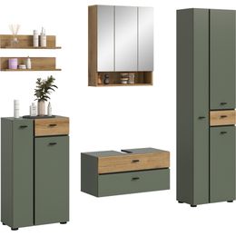 Badm&ouml;bel-Set Welltime "VANN, 6-teilige moderne Badkombination, individuell stellbar", sage gr&uuml;n, evoke oak nachbildung, schwarz, B:207cm H:191cm T:35cm, Holzwerkstoff, Kastenm&ouml;bel-Sets, Badm&ouml;bel-Set, Bad-Kombination, Bad-M&ouml;bel, Badezimmer, Kombination, Kombi, Bad-Set