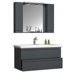 Vcm 3-tlg. Waschplatz Waschtisch Unterschrank 100 cm Badm&ouml;bel Set mit Waschbecken grifflose Schubladen Spiegelschrank Komplett Silora XL
