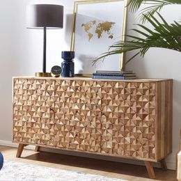 FineBuy Massivholz Sideboard 140cm Akazie Natur Kommode mit 2 T&uuml;ren & 3 Schubladen aufwendige Retro 3D Design Optik