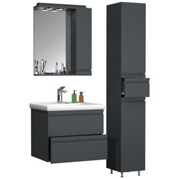Vcm 4-tlg. Waschplatz Waschtisch 60 cm Badm&ouml;bel Set Waschbecken grifflose Schublade Spiegelschrank Hochschrank Silora L