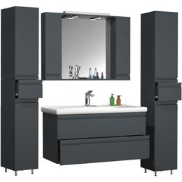 Vcm 5-tlg. Waschplatz Waschtisch Unterschrank 100 cm Badm&ouml;bel Set mit Waschbecken Spiegelschrank Hochschrank grifflose Schubladen Komplettset Silora XL
