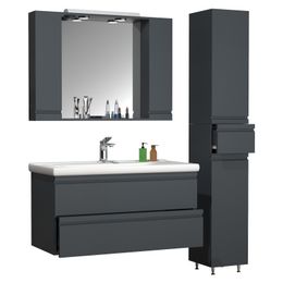Vcm 4-tlg. Waschplatz Waschtisch 100 cm Badm&ouml;bel Set Waschbecken grifflose Schublade Spiegelschrank Hochschrank Silora XL