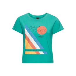 BENCH. LOUNGEWEAR T-Shirt blau Gr. 40/42 f&uuml;r Damen. Rundhals und Kontrastdetails, Schriftz&uuml;ge, Drucke. Klassisch. Nachhaltig.