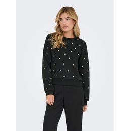 Sweatshirt Only "ONLATIKA L/S O-NECK GLITTER EMB. BOX SWT", Damen, Gr. S, schwarz (schwarz detail:anny hearts big (gold)), Sweatware, Obermaterial: 65% Polyester, 35% Baumwolle, bedruckt, Rundhals, Sweatshirts Sweatshirt