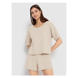 LSCN BY LASCANA Shorty beige Gr. 32/34 f&uuml;r Damen. Rundhals und Zierkn&ouml;pfe. Loose Fit