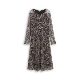 Tom Tailor Denim Damen Mesh Midi-Kleid mit Muster, braun, Animalprint, Gr. S