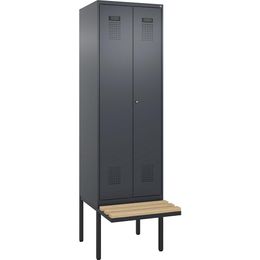 Schwarz-Wei&szlig;-Spind Evolo PLUS Sitzbank, 2 Abteile, verk&uuml;rzte Trennwand mittig, grau, B 600 mm, Zylinderschloss, mit auskragender Sitzbank, Buche