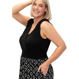 sheego Damen Jerseykleid mit bedrucktem Rock, schwarz-wei&szlig;, Gr&ouml;&szlig;e 44