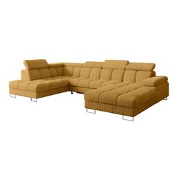 WOHNLANDSCHAFT mit Schlaffunktion und Bettkasten Ottomane Links COMA U 345x203x79 Senfgelb Cord