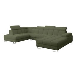 WOHNLANDSCHAFT mit Schlaffunktion und Bettkasten Ottomane Links COMA U 345x203x79 Gr&uuml;n Boucl&eacute;