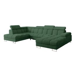 WOHNLANDSCHAFT mit Schlaffunktion und Bettkasten Ottomane Links COMA U 345x203x79 Gr&uuml;n Cord