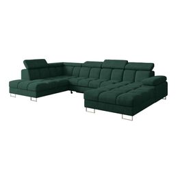 WOHNLANDSCHAFT mit Schlaffunktion und Bettkasten Ottomane Links COMA U 345x203x79 Gr&uuml;n Velours