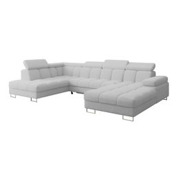 WOHNLANDSCHAFT mit Schlaffunktion und Bettkasten Ottomane Links COMA U 345x203x79 Hellgrau Boucl&eacute;