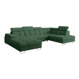 WOHNLANDSCHAFT mit Schlaffunktion und Bettkasten Ottomane RECHTS COMA U 345x203x79 Gr&uuml;n Cord