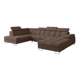 WOHNLANDSCHAFT mit Schlaffunktion und Bettkasten Ottomane Links COMA U 345x203x79 Braun Velours