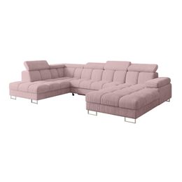 WOHNLANDSCHAFT mit Schlaffunktion und Bettkasten Ottomane Links COMA U 345x203x79 Rosa Cord