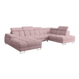 WOHNLANDSCHAFT mit Schlaffunktion und Bettkasten Ottomane RECHTS COMA U 345x203x79 Rosa Cord