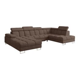 WOHNLANDSCHAFT mit Schlaffunktion und Bettkasten Ottomane RECHTS COMA U 345x203x79 Braun Velours