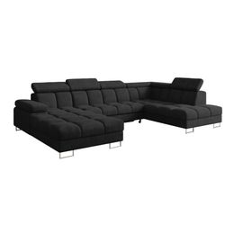 WOHNLANDSCHAFT mit Schlaffunktion und Bettkasten Ottomane RECHTS COMA U 345x203x79 Schwarz Velours