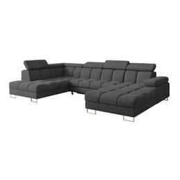 WOHNLANDSCHAFT mit Schlaffunktion und Bettkasten Ottomane Links COMA U 345x203x79 Dunkelgrau Velours