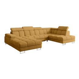 WOHNLANDSCHAFT mit Schlaffunktion und Bettkasten Ottomane RECHTS COMA U 345x203x79 Senfgelb Cord
