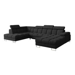 WOHNLANDSCHAFT mit Schlaffunktion und Bettkasten Ottomane Links COMA U 345x203x79 Schwarz Velours