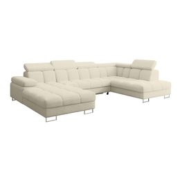 WOHNLANDSCHAFT mit Schlaffunktion und Bettkasten Ottomane RECHTS COMA U 345x203x79 Beige Boucl&eacute;