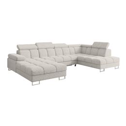 WOHNLANDSCHAFT mit Schlaffunktion und Bettkasten Ottomane RECHTS COMA U 345x203x79 Hellgrau Velours