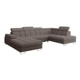 WOHNLANDSCHAFT mit Schlaffunktion und Bettkasten Ottomane RECHTS COMA U 345x203x79 Braun Boucl&eacute;