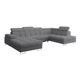 WOHNLANDSCHAFT mit Schlaffunktion und Bettkasten Ottomane RECHTS COMA U 345x203x79 Grau Boucl&eacute;