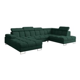 WOHNLANDSCHAFT mit Schlaffunktion und Bettkasten Ottomane RECHTS COMA U 345x203x79 Gr&uuml;n Velours