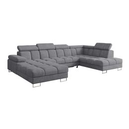 WOHNLANDSCHAFT mit Schlaffunktion und Bettkasten Ottomane RECHTS COMA U 345x203x79 Grau Velours