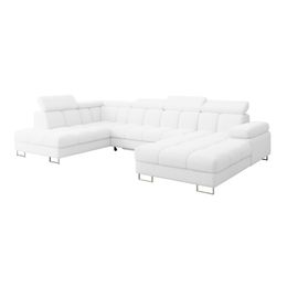 WOHNLANDSCHAFT mit Schlaffunktion und Bettkasten Ottomane Links COMA U 345x203x79 Wei&szlig; Boucl&eacute;