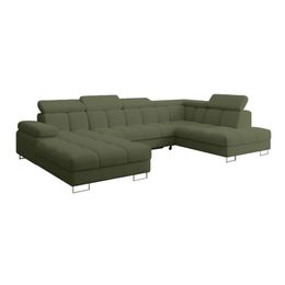 WOHNLANDSCHAFT mit Schlaffunktion und Bettkasten Ottomane RECHTS COMA U 345x203x79 Gr&uuml;n Boucl&eacute;