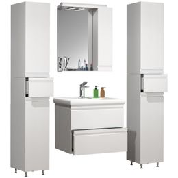 Vcm 5-tlg. Waschplatz Waschtisch Unterschrank 60 cm Badm&ouml;bel Set mit Keramik Waschbecken grifflosen Schubladen Spiegelschrank 2x Hochschrank Komplettset Silora L