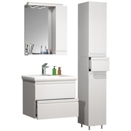 Vcm 4-tlg. Waschplatz Waschtisch 60 cm Badm&ouml;bel Set Waschbecken grifflose Schublade Spiegelschrank Hochschrank Silora L