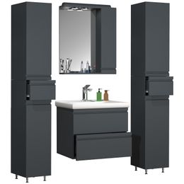 Vcm 5-tlg. Waschplatz Waschtisch Unterschrank 60 cm Badm&ouml;bel Set mit Keramik Waschbecken grifflosen Schubladen Spiegelschrank 2x Hochschrank Komplettset Silora L