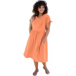 sheego Damen Jerseykleid mit Bl&uuml;tenstickereien papaya Gr&ouml;&szlig;e 46